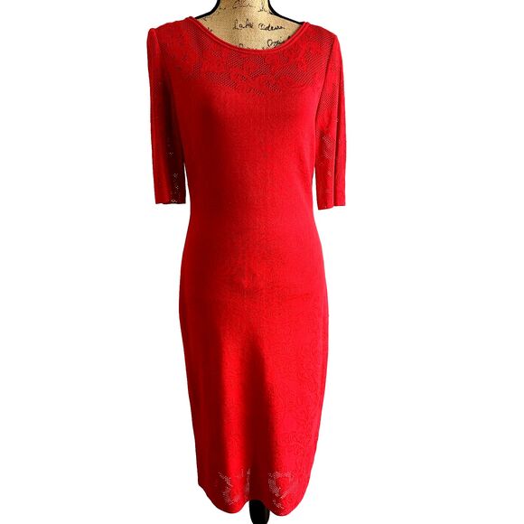 St. John | Dresses | St John Red Knit Sheath Dress Size Crew Neck Elbow ...